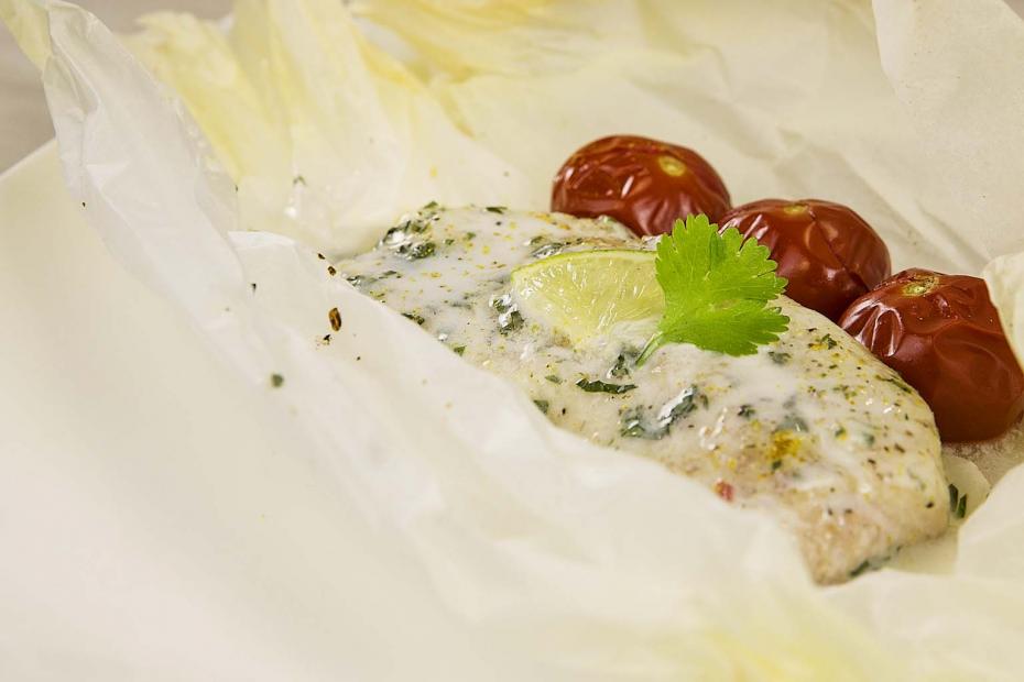 Parcels of poached cod with coconut milk and cherry tomatoes. - World ...